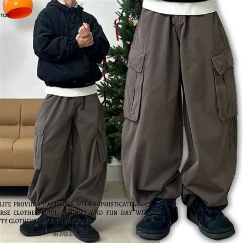 밴딩 벌룬 오버핏 와이드 카고 치노 팬츠 바지차콜브라운검정 에이블리