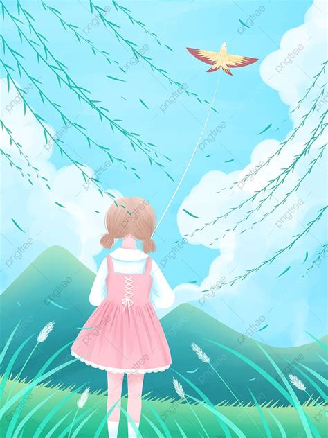 春天兒童放風箏小清新插畫 春天 風箏 兒童插畫素材，桌布背景免費下載 免版稅