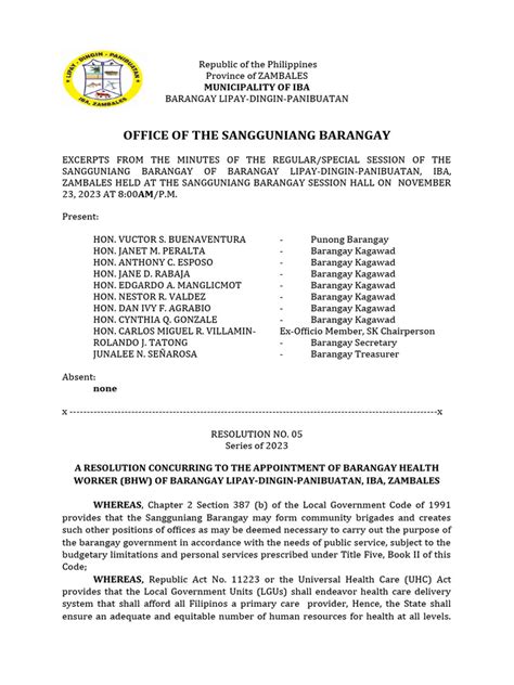 Resolution On The Appointment Of Barangay Health Worker Pdf