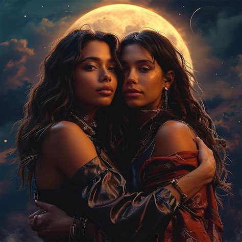 Premium Photo Two Women Hugging In Front Of A Full Moon
