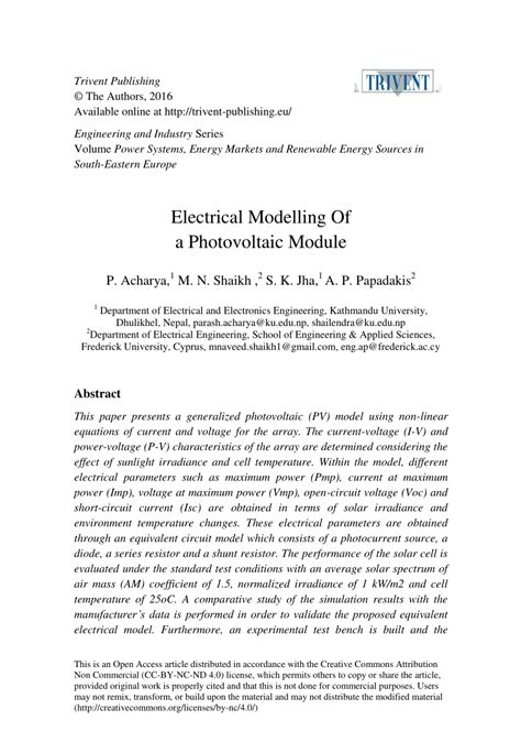 Pdf Electrical Modelling Of A Photovoltaic Module