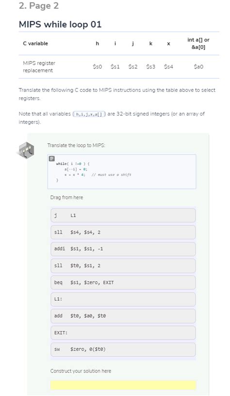 Solved 2 Page 2 Mips While Loop 01 C Variable H I J K х Int