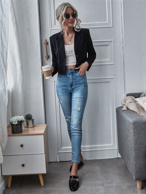 SHEIN privé Solid Lapel Collar Crop Blazer SHEIN USA