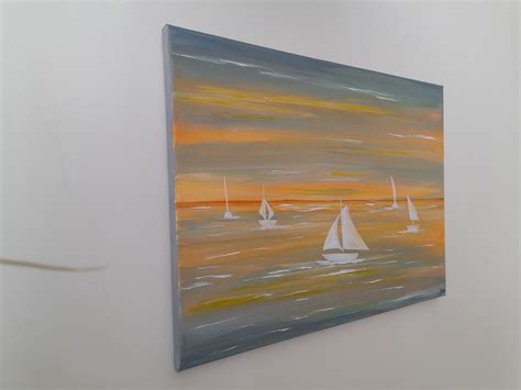 Tableau marine peinture sur toile tableau couché de soleil tableau bateaux tableau fait main