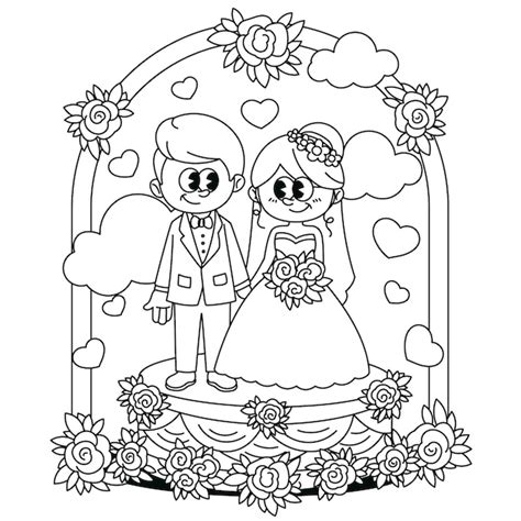 손으로 그린 결혼식 컬러링 페이지 일러스트레이션 프리미엄 벡터
