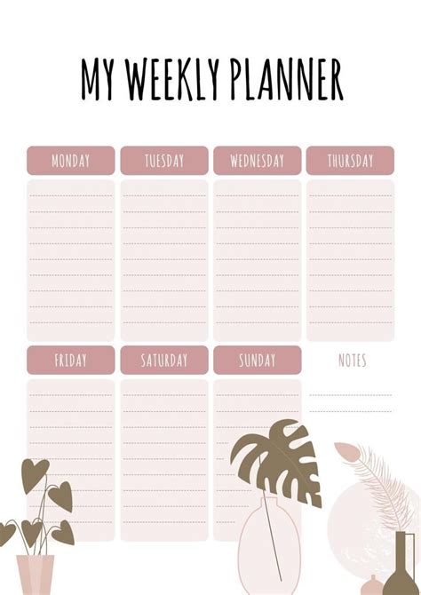 Weekly Planner With Flowers Pots Online Planner And Notepad Template