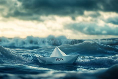 Stormy Sea With A Small Paper Boat Labeled Work Navigating Turbulent