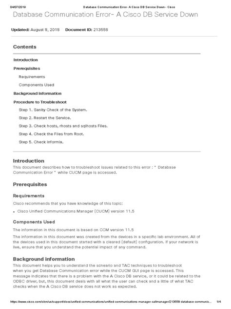Database Communication Error A Cisco Db Service Down Cisco Pdf