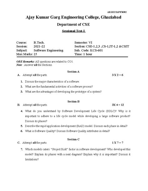 Software Engineering KCS 601 ST 1 QP Even 21 22 AKGEC IAP FM Ajay