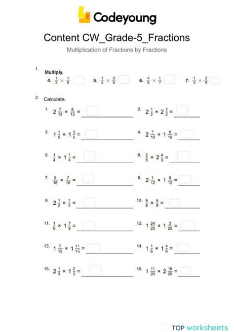 Content Cw Multiplication Of Fractions By Fractions Interactive Worksheet Topworksheets