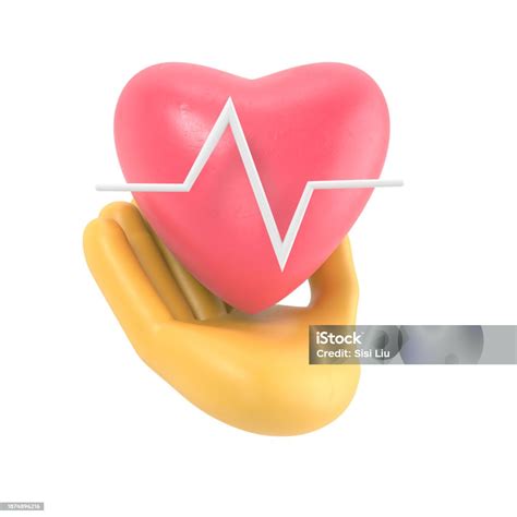 3d 렌더링 의료 심박수 아이콘입니다 의사 또는 심장 전문의 만화 손은 차트 라인으로 심장을 잡고 있습니다 헬스케어