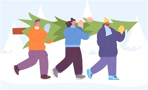 크리스마스 시간 쇼핑 친구는 새해 나무 행복한 겨울 휴가 시간을 수행합니다 준비 Xmas 파티 눈 덮인 숲 에 걷는 사람들