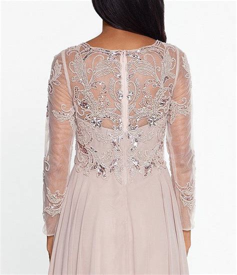 Xscape Illusion Crew Neck Long Sleeve Floral Beaded Bodice Chiffon Gown