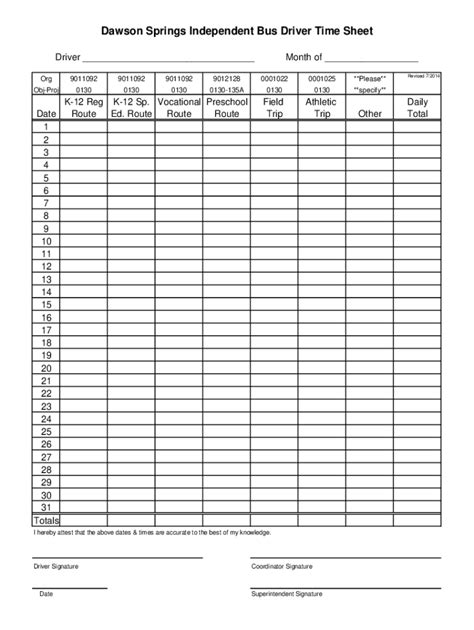 Fillable Online Dawson Springs Independent School Bus Driver Time Sheet