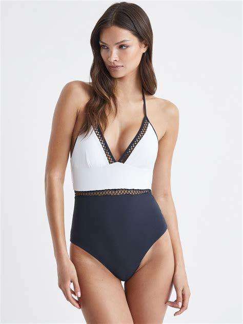 Reiss Colourblock Halter Swimsuit In Navy Reiss