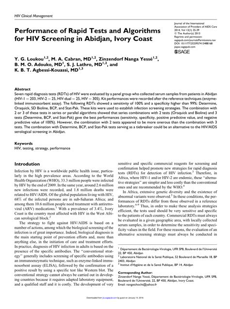 Pdf Performance Of Rapid Tests And Algorithms For Hiv Screening In