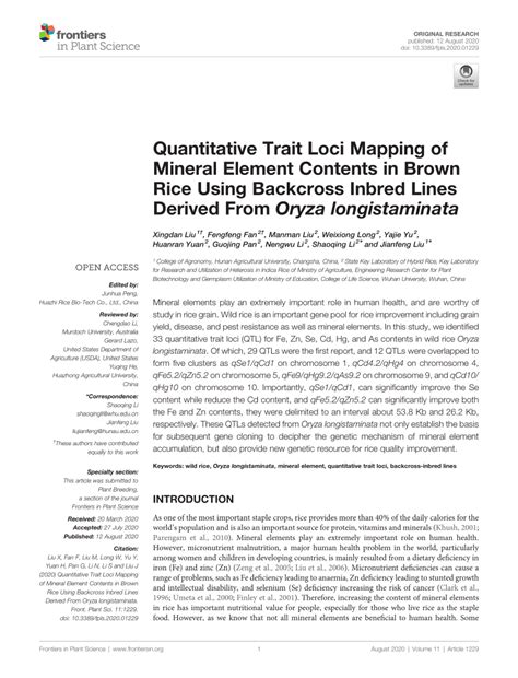 Pdf Quantitative Trait Loci Mapping Of Mineral Element Contents In Brown Rice Using Backcross
