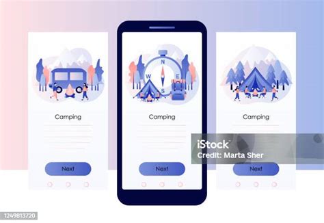 캠핑 컨셉 자연 관광 텐트 캠프 파이어 산과 숲 여름 캠프에서 작은 사람들 모바일 스마트 폰화면 템플릿입니다 현대 플랫 만화 스타일 벡터 일러스트레이션 개체 그룹에 대한
