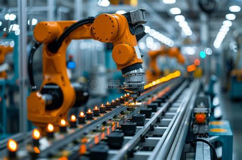 The Robot Arm Is Operating Automatically On The Production Line Stock