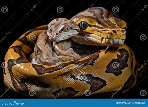 Reticulated Python Coiled Around Newborn Animal In Shot Stock