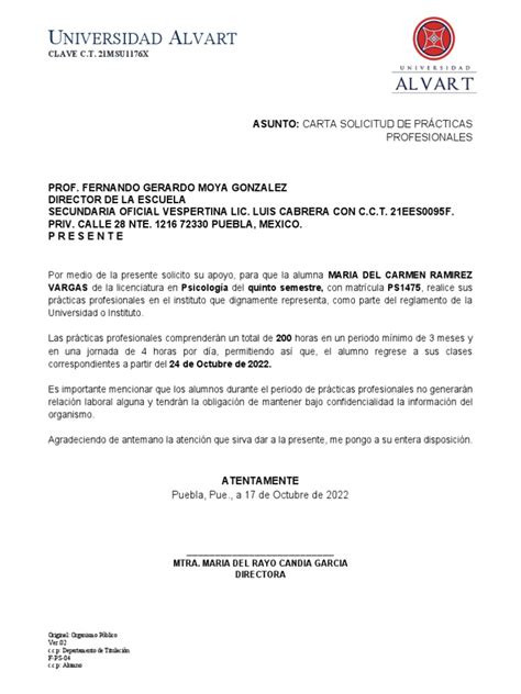 Carta Solicitud Practicas Profesionales Pdf