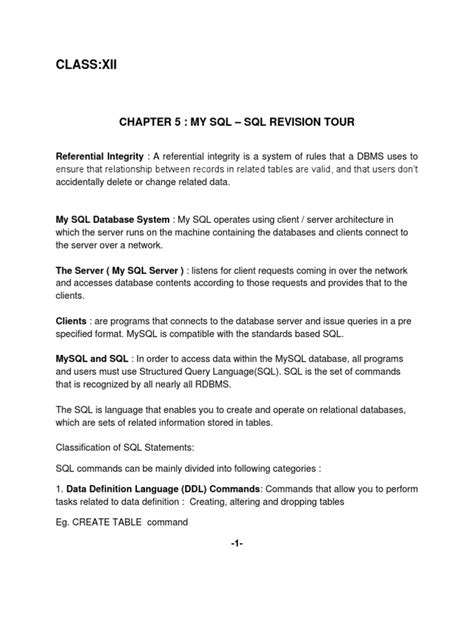 Classxii Chapter 5 My Sql Sql Revision Tour Pdf Sql