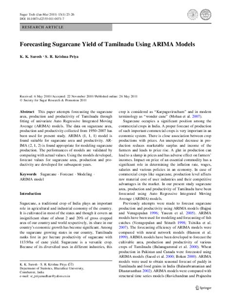 pdf forecasting sugarcane yield of tamilnadu using arima models