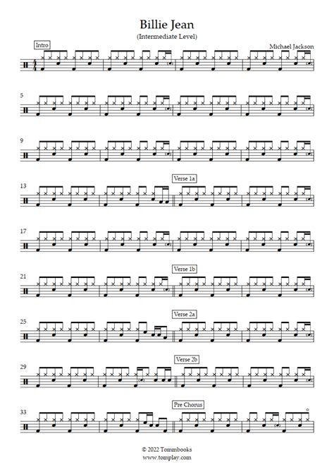 Billie Jean Intermediate Level Michael Jackson Drums Sheet Music