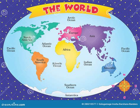 World Map Highlighting The Seven Continents And Five Ocean Vector