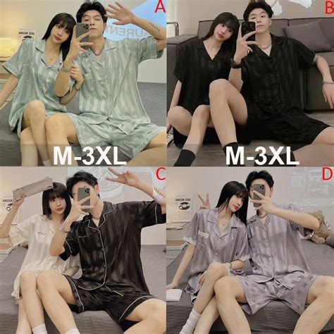 Korean Fashion Men Women Silk Satin Short Sleeve Striped Pyjamas Set