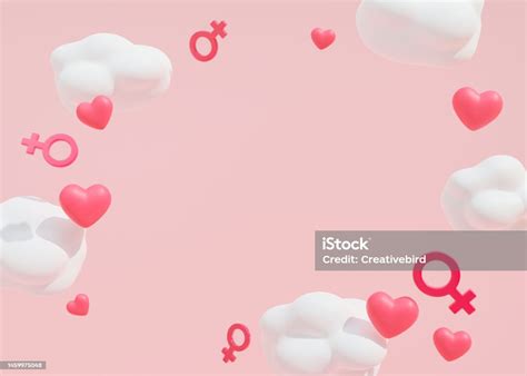 핑크 여성의 날 배경에는 텍스트 광고를 위한 복사 공간이 있습니다 하트 구름 및 여성 성별 표시 공중 부양 3d 렌더링 0명에