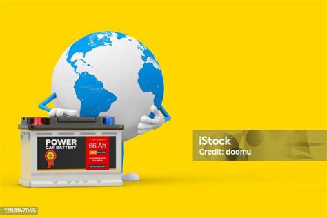추상 라벨이 부착된 어스 글로브 캐릭터 마스코트 및 충전식 자동차 배터리 12v 오퍼마 3d 렌더링 개념에 대한 스톡 사진 및 기타 이미지 Istock