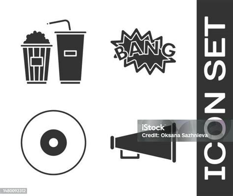 메가폰 팝콘 및 소다 음료 유리 Cd 또는 Dvd 디스크 및 뱅 붐 텍스트 연설 거품 풍선 아이콘을 설정합니다 벡터 구름에 대한 스톡 벡터 아트 및 기타 이미지 Istock