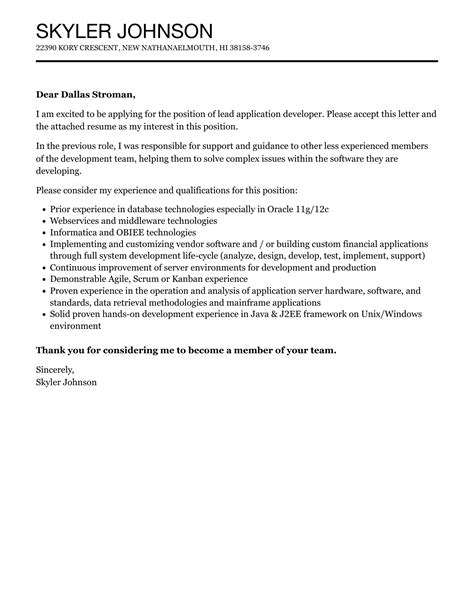 Lead Application Developer Cover Letter Velvet Jobs