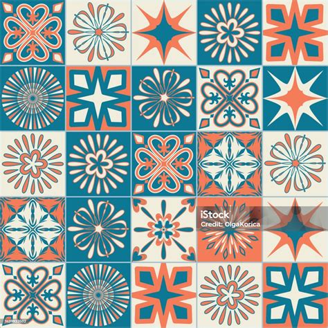 Ceramic Tile With Square Patterns Orange Blue Color Trendy Patchwork Ceramic Tile Design Vector