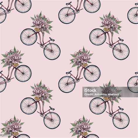 복고풍 자전거와 모란을 가진 완벽 한 패턴 수제 수채화 그림 화려하고 부드럽고 로맨틱한 이미지 부드러운 보라색 배경에 직물 벽지 및 포장지용 0명에 대한 스톡 벡터 아트 및
