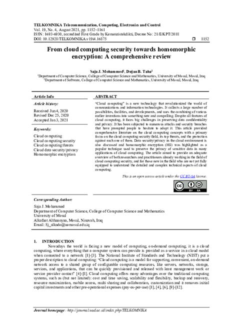 Pdf From Cloud Computing Security Towards Homomorphic Encryption A