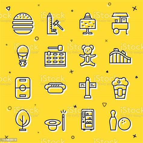 세트 라인 볼링 핀과 공 팝콘 상자 롤러 코스터 테이블에 매직 아케이드 게임기 열기구 버거와 테디 베어 봉제 장난감 아이콘 벡터