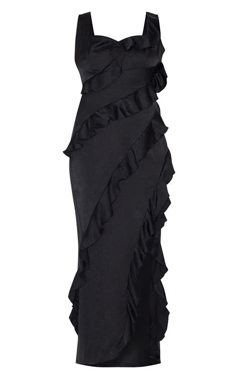 Plus Black Satin Frill Layered Maxi Dress Plus Size