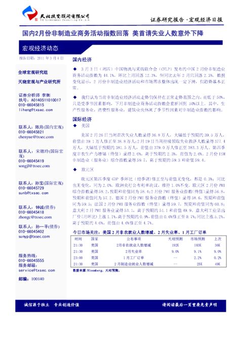 宏观经济日报：国内2月份非制造业商务活动指数回落美首请失业人数意外下降