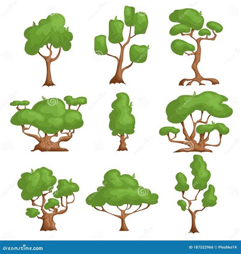 Cartoon Trees Set Different Types Plants In Comic Style Nature Fantasy Elements Stock Vector