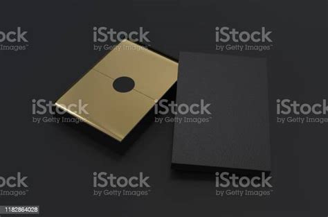 골드 포장지와 검은 색 라벨 스티커블랙 박스 검은 색 배경에 템플릿을 조롱 3d 그림 0명에 대한 스톡 사진 및 기타 이미지