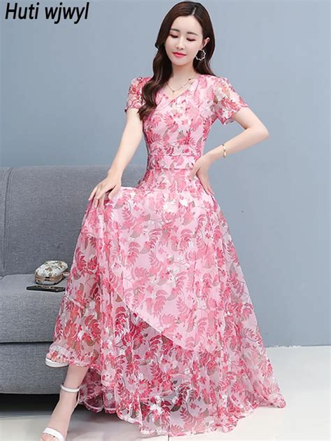 여성용 메쉬 자수 맥시 드레스 핑크 캐주얼 보호 비치 선드레스 2023 우아한 바디콘 파티 미디 드레스 고품질 여름 Aliexpress