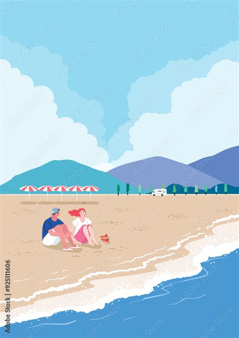 여름 바다 모래사장에서 휴가를 보내는 남녀 커플 Stock Vector Adobe Stock