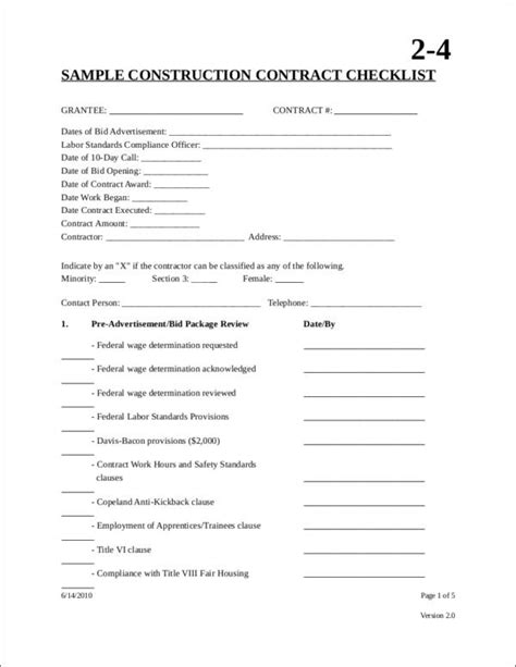 Free Contract Checklist Samples Templates In Pdf Ms Word Excel