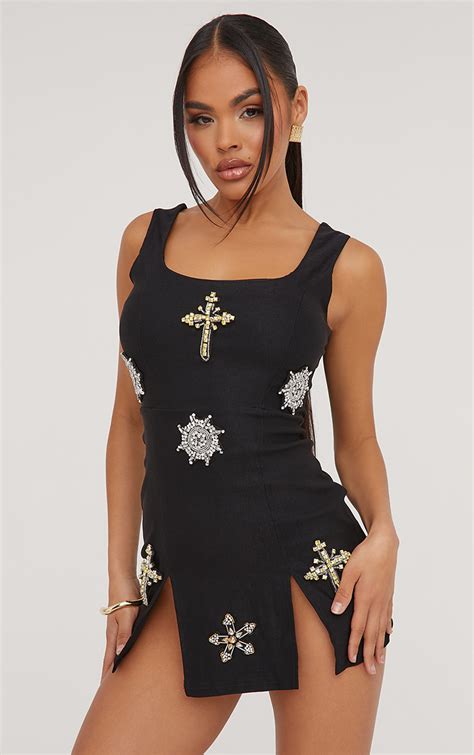 Square Neck Embellished Crucifix Detail Split Leg Mini Dress In Black