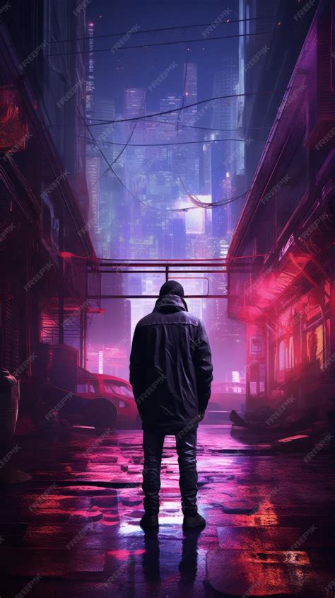 Premium Ai Image A Man Standing In The Middle Of A City At Night