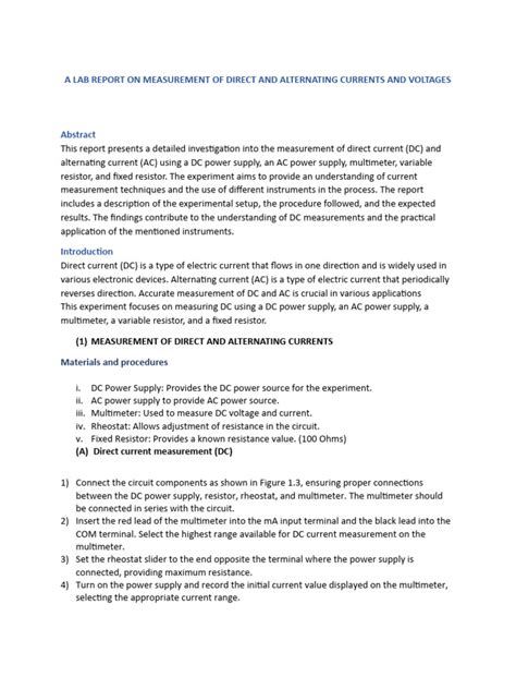 A Lab Report On Measurement Of Direct And Alternating Currents And Voltages Pdf Resistor