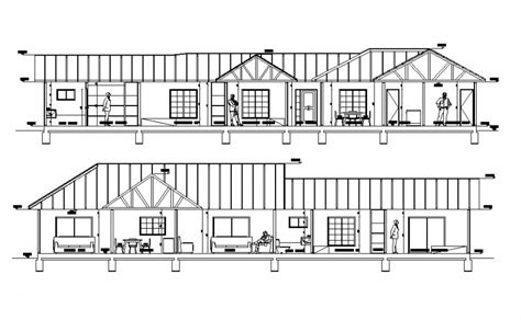 Elevation And Sectional Detail Of Single Story Building Blocks Layout Autocad File