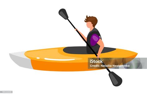 카약 플랫 벡터 그림입니다 익스트림 스포츠 경험 활동적인 라이프 스타일 여름 방학 야외 재미있는 활동 흰색 배경에 카누 보트 고립 만화 캐릭터에서 스포츠맨 물에 대한 스톡